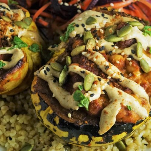 Moroccan Spiced Baked Stuffed Squash, roasted tomato sauce, chickpeas